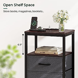 Huuger Nightstand with Charging Station, Side Table with Fabric Drawers, End Table with Open Shelf, Bedside Table with USB Ports and Outlets, Night Stand for Bedroom, Walnut