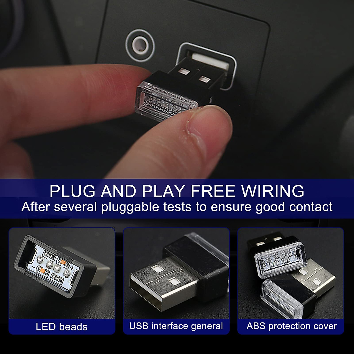 Miytsya 4 PCS USB-LED Car Interior Atmosphere Lamp, Night Led Decoration Mini USB Light, Ambient Lighting Kit, Charging for Interior Led Lights (Blue)