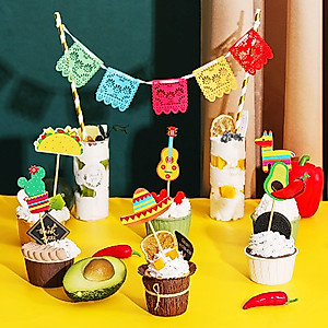 43 Pcs Fiesta Cupcake Topper and Picado Banner For Fiesta Party Decorations Mexican cake topper For Mexican Themed Cactus Donkey Taco Pepper Sombrero Mustache Party Decorations (Fresh Style)