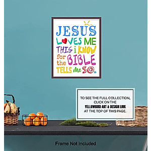 Religious Christian Kids Room Decor for Girls, Boys, Toddler Bedroom - Cute Baby Shower Gift - Jesus Loves Me Bible Verse Wall Art Print - 8x10 Poster Picture