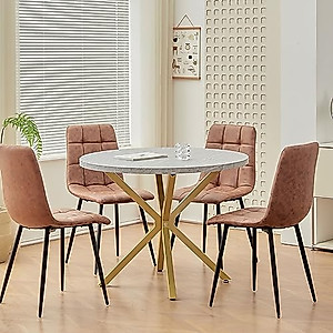 Round Dining Table, Modern Marble Kitchen Dining Table with Four Metal Legs, Marble Top Dining Table for Indoor Use Side Table for Kitchen Restaurant Living Room Casual Cafe（Grey）