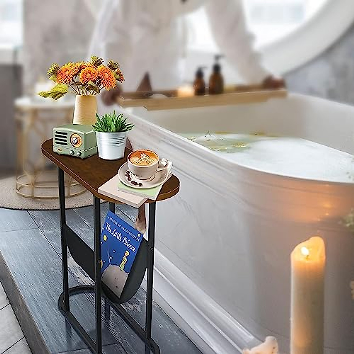 graffitimaster Oval Narrow Side Table with Magazine Sling Holder Pouch, Slim End Table with Metal Frame for Living Room Bedside Bedroom Couch Small Spaces, Retro Wood Grain Finish