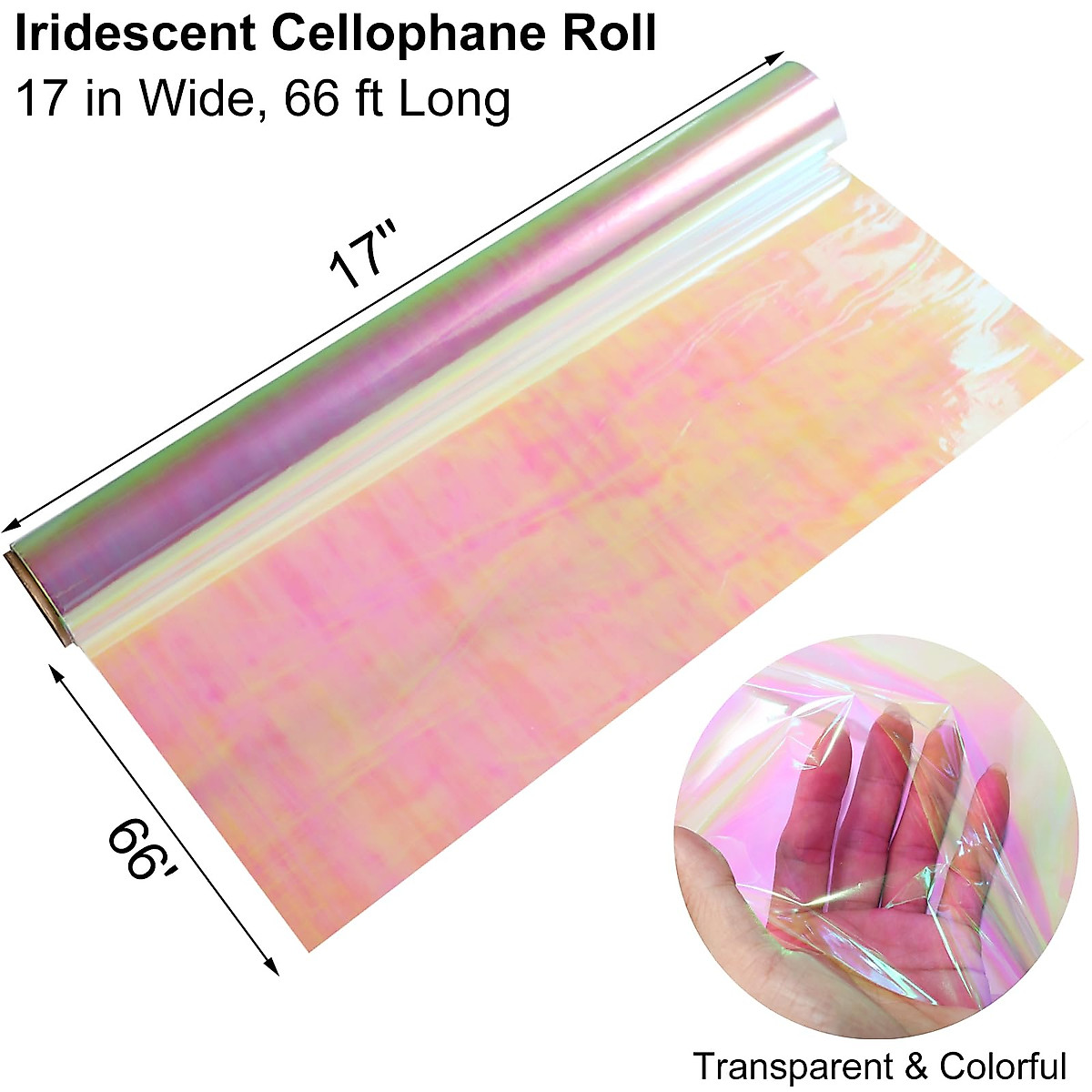 SYOGUA Iridescent Pink Cellophane Wrap Roll (17 in Wide x 66 ft Long) Colorful Gift Wrap Cellophane Roll Transparent Iridescent Cellophane Wrapping Plastic for Baskets, Treats, DIY Craft, Gifts