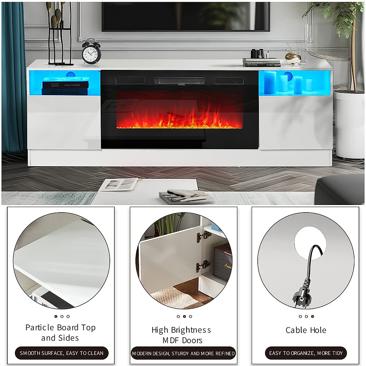 Breezestival Fireplace TV Stand with 36" Electric Fireplace,Entertainment Center with LED Light, Modern Wood Texture with Highlight Storage Cabinet for TVs Up to 80", 70 inches,White