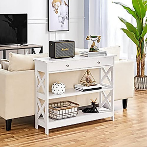 Yaheetech 3-Tier Entryway Table White Console Table with Drawer and 2 Storage Shelves, Wood Narrow Sofa Table for Entryway/Hallway/Living Room, 39.5in L x 12in W x 31.5in H