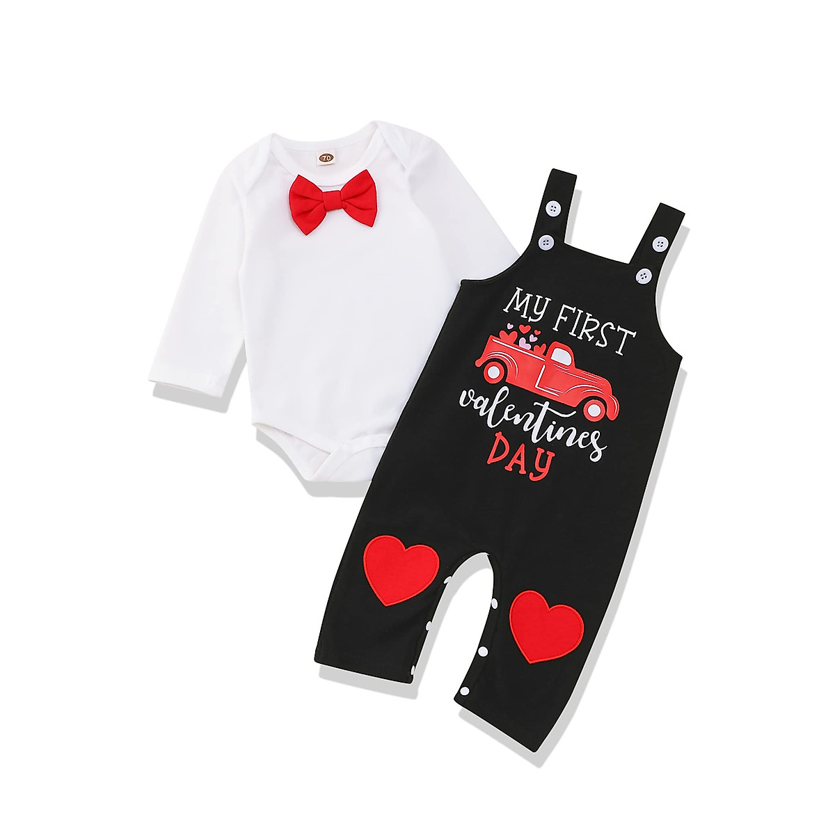 bilison My First Valentine's Day Outfit Newborn Baby Boys Clothes Bow Tie Bodysuit Print Overalls 2Pcs Romper Set 0-12 Months
