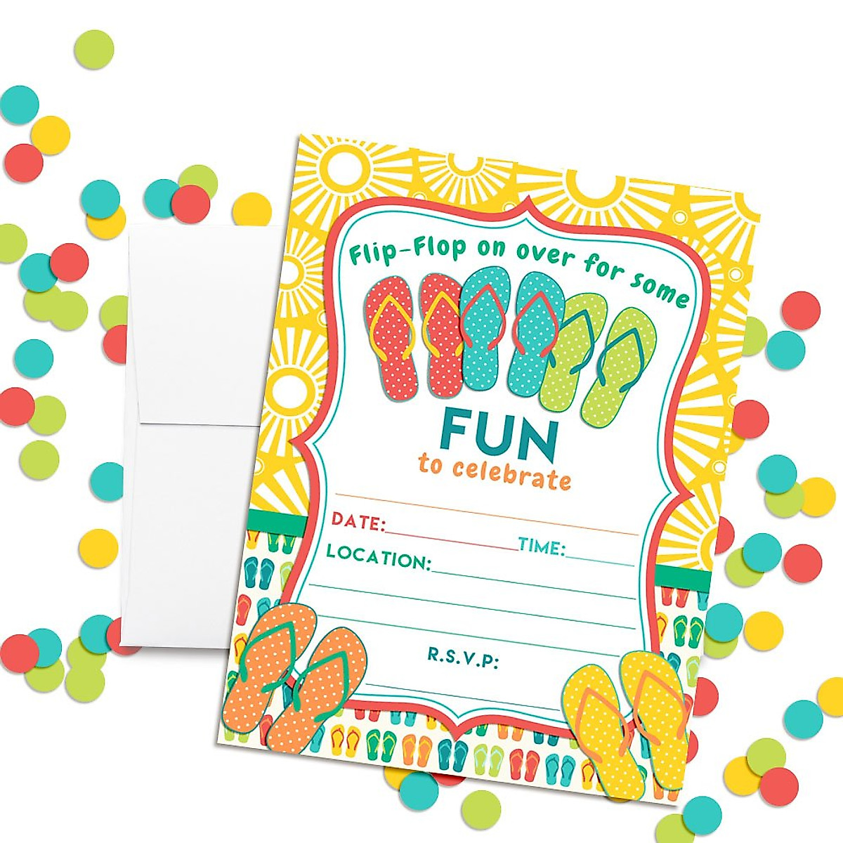 Amanda Creation Flip Flop Birthday Party Fill In Invitations set of 20 with envelopes. Perfect for Summer parties, graduation, family reunions, barbeques and more