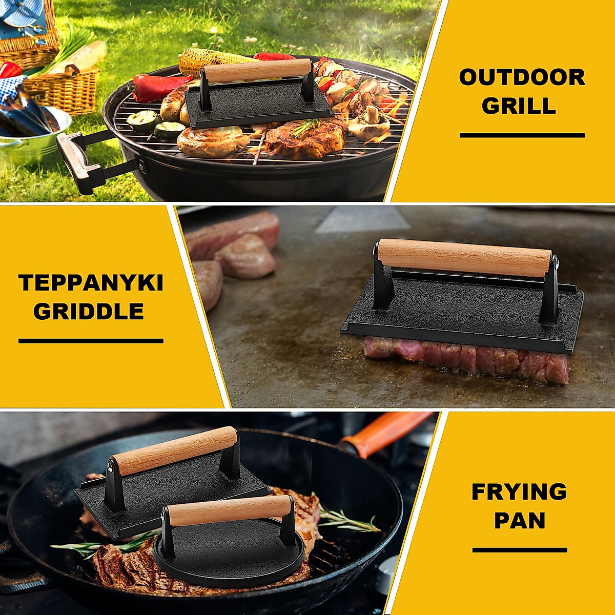 AIVIKI Burger Press, Smash Burger Press for Blackstone Griddle, Heavy Duty Cast Iron Round 6.9In & Rectangular 8.2x4.2In Bacon Grill Press with Wood Handle, Meat Steak Weight for Sandwich, Paninis