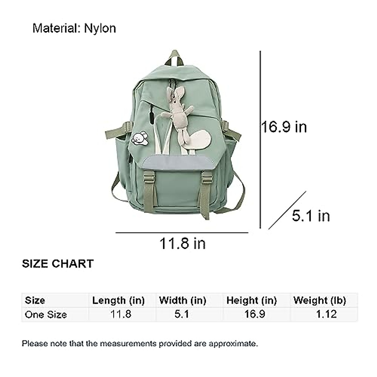 MOwers Kawaii Backpack with Cute Rabbit Pendant (Green)