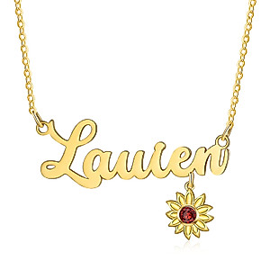Personalized Name Sunflower Necklace with Simulated Birthstones Gold Name Custom Necklace for Women Sunflower Jewelry Sunflower Birthday Gift for Girlfriend Mother (Gold-2)
