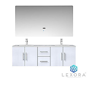Lexora Geneva 60 in. W x 22 in. D Glossy White Double Bath Vanity, Carrara Marble Top and 60 in. LED Mirror