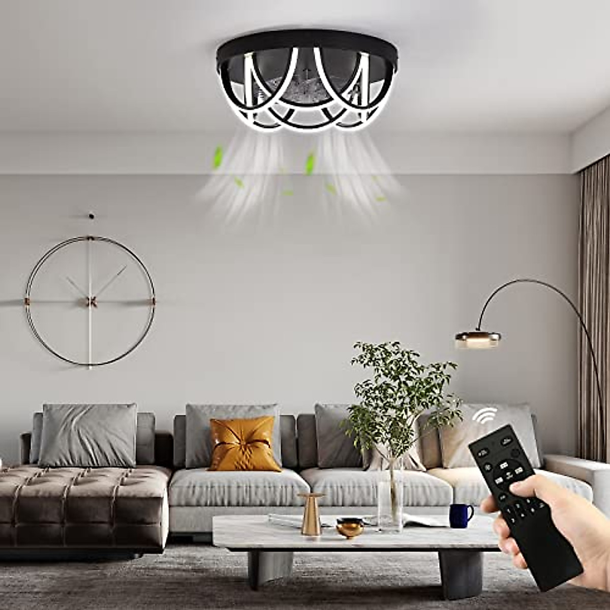 Ceiling Fan with Lights Flush Mount Ceiling Fan with Remote Control, 17 Inch Industrial LED Low Profile Ceiling Fan with Lights 3-Color Dimming for Bedroom Kitchen Dining Living Room