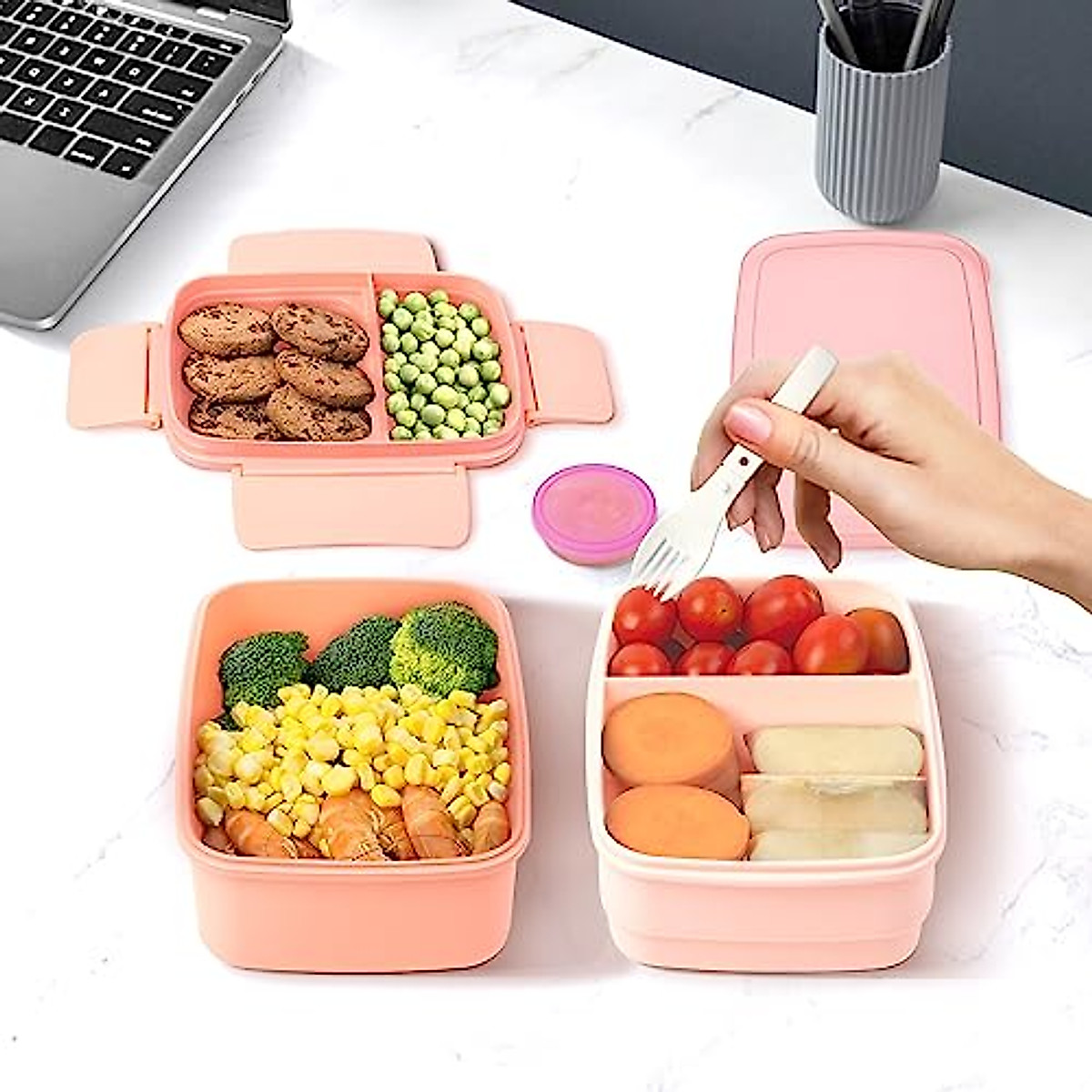 Freshmage Stackable Bento Box Adult Lunch Box with 5 Compartments, Premium All-in-One Leak-Proof Bento Lunch Box With Spoon, 1 oz Dressing Container for Work, Camping, Picnic (Pink)