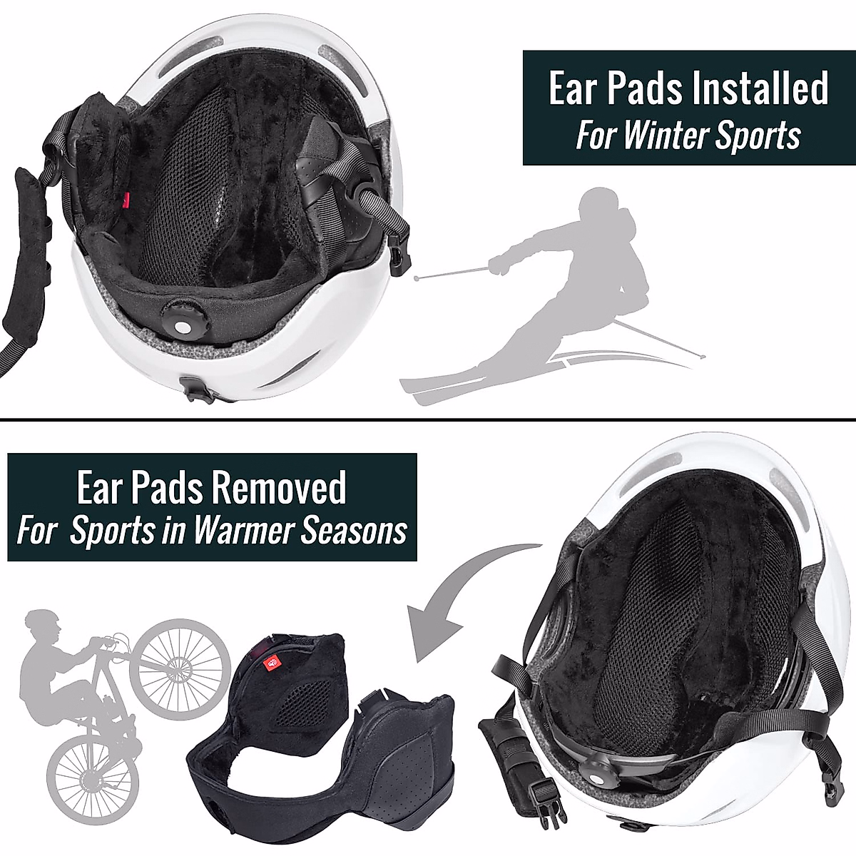 TurboSke Ski Helmet, Snowboard Helmet Snow Sports Helmet, Audio Compatible Helmet for Men, Women and Youth (L, White)