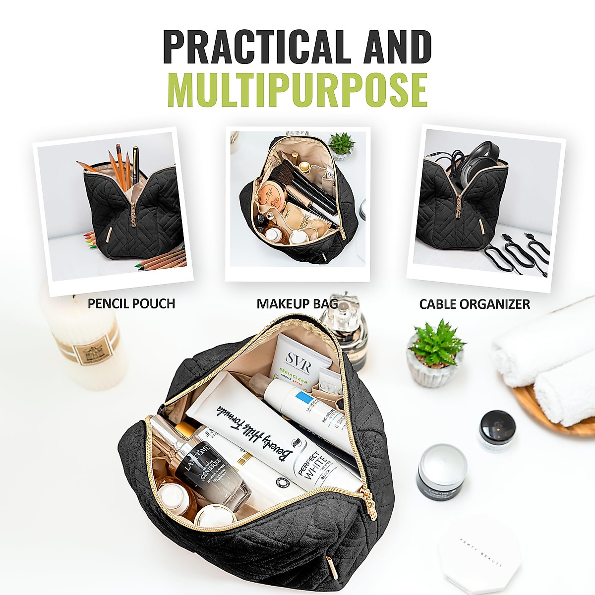 BOACAY Large Makeup Bag, Travel Cosmetic Pouch for Women, Girls & Kids, Zipper Toiletry Organizer for Purse, Kit Case for Accessories, Brushes