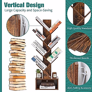 BRIAN & DANY Tree Bookshelf, 6-Tier Book Shelf, Wooden Bookshelves Storage Organizer Shelves for Living Room, Bedroom, Office, Rustic Brown
