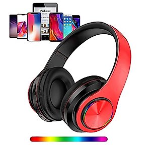 LFGKeng Wireless Bluetooth Headphones with Colorful LED Lights, Built-in Mic, Bluetooth 5.0, Foldable HiFi Stereo Deep Bass Headphones for Classroom/Home Office/PC/Mobile Phone/Kids Adult(Red Black)