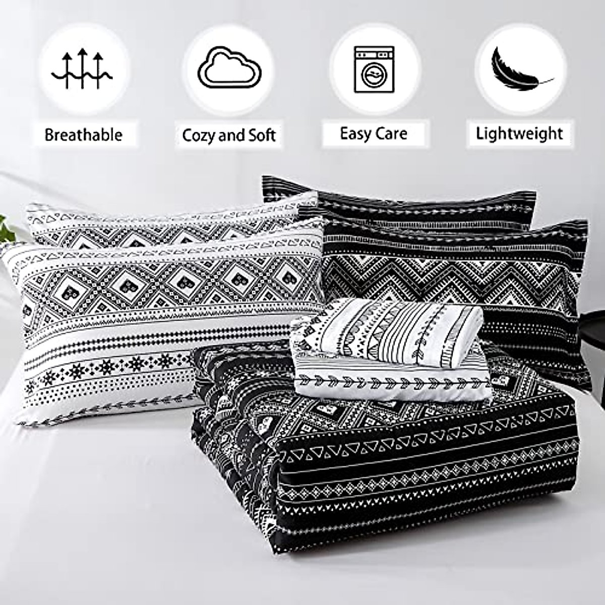 Black Aztec Comforter Set Queen,Boho 7 Pieces Bed in a Bag Comforter Bohemian Bedding Set Soft Microfiber Queen Size(1 Comforter,2 Pillowcases,2 Pillow Shams,1 Flat Sheet,1 Fitted Sheet)