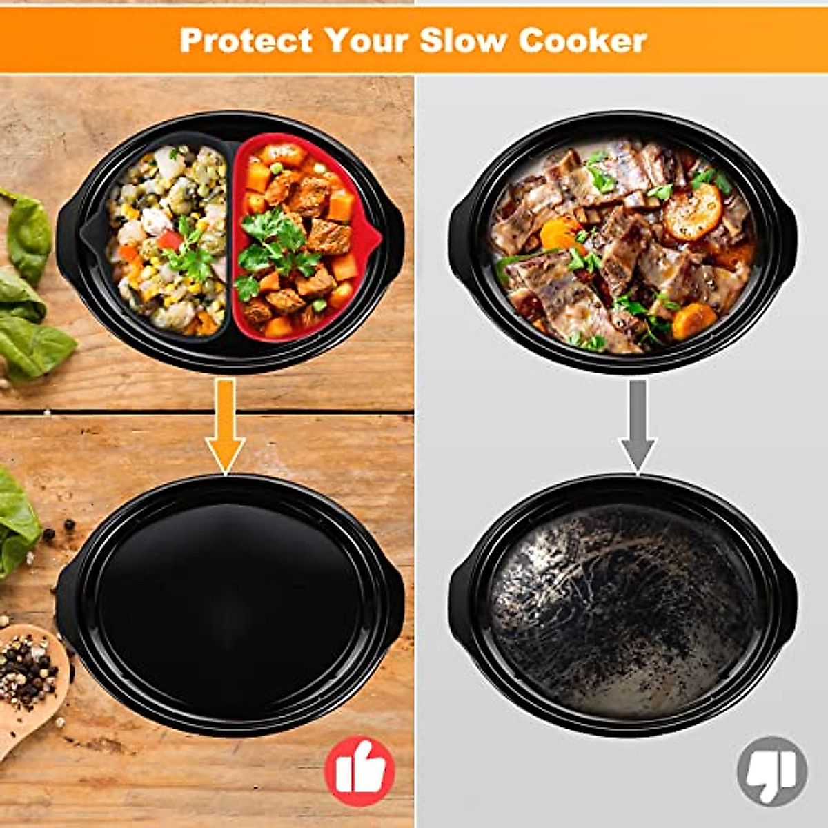 Slow Cooker Liners, Silicone Crock-Pot Liners Fit 6 QT Pot, Reusable/Leakproof/Silicone Divider Insert, Dishwasher Safe Liners for 6 Quart Oval Slow Cookers(Red+Black）