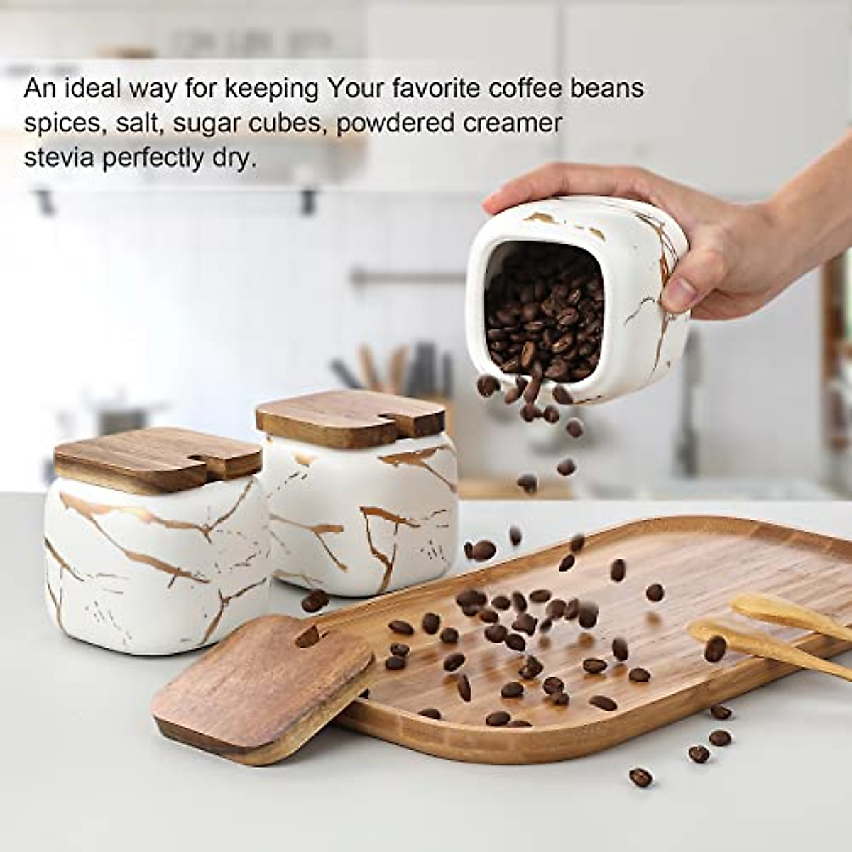 VETIN 3 Pcs Sugar Salt Container Set Containers for Sugar and Coffee Sugar Container Marble Jar Set Sugar Bowl Sugar Jar with Spoon and Lid