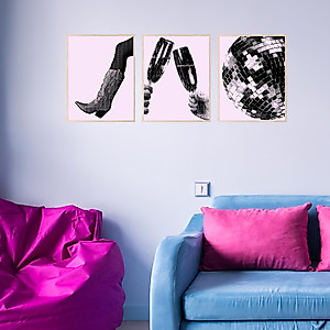 BigWig Prints - Cowgirl Decor Preppy Posters - Cowgirl Boots Poster, Room Decor, Country Room For Teen Girls, Disco Ball Wall Art - Unframed Set Of 3 (8x10”) - Pink