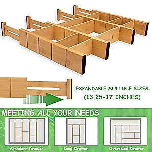 KOOHOAMZ Adjustable Bamboo Drawer Dividers With Inserts, Kitchen Drawer Dividers Organizer Expandable From 13.25"-17", Stackable Deep Drawer Separators For Kitchen Utensils, Dresser, Bedroom, Clothes