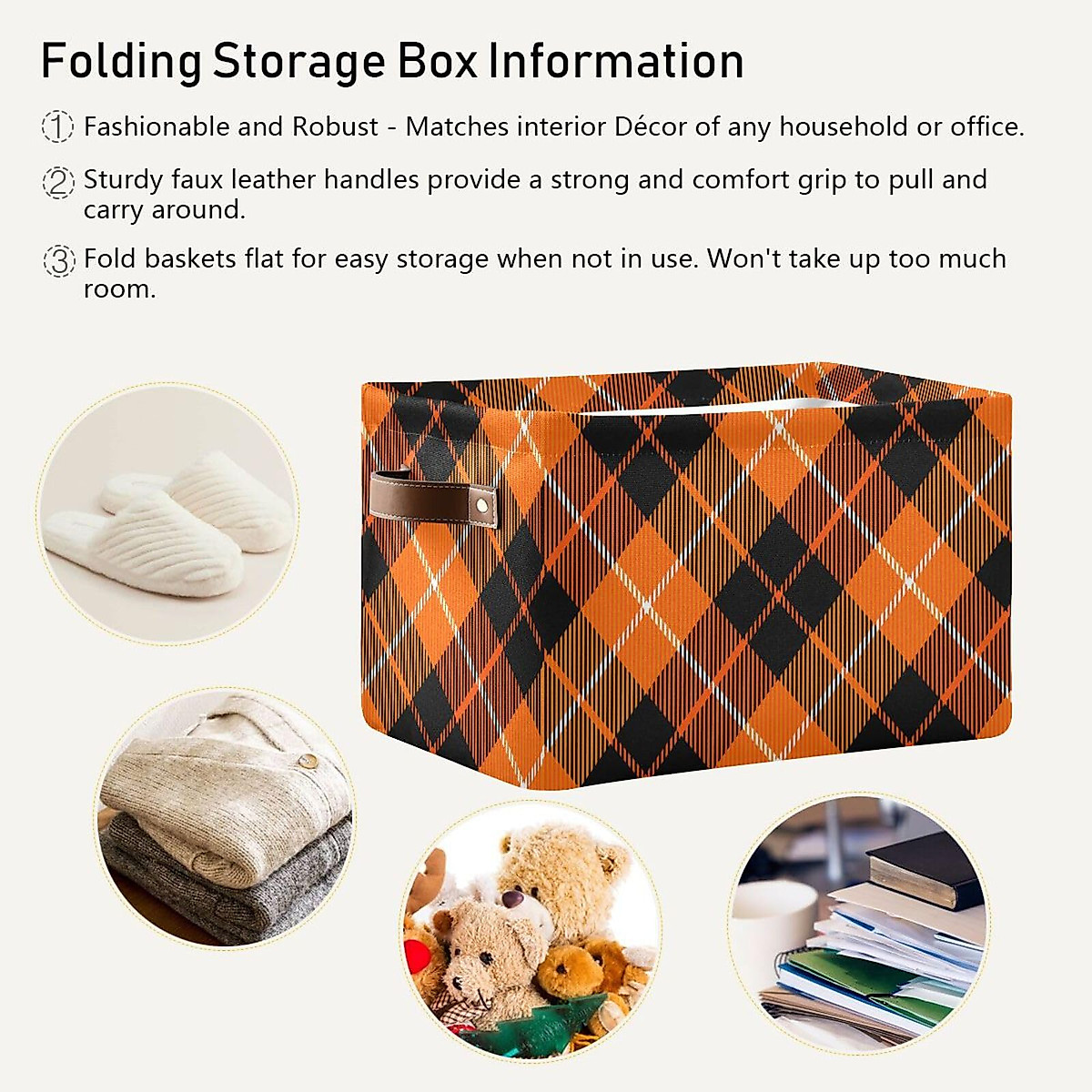 NFMILI Orange Black Plaid Storage Basket, Fabric Storage Cubes Bins, Open Home Storage Bins with Handle 14.2 x 10.2 x 8.3 in