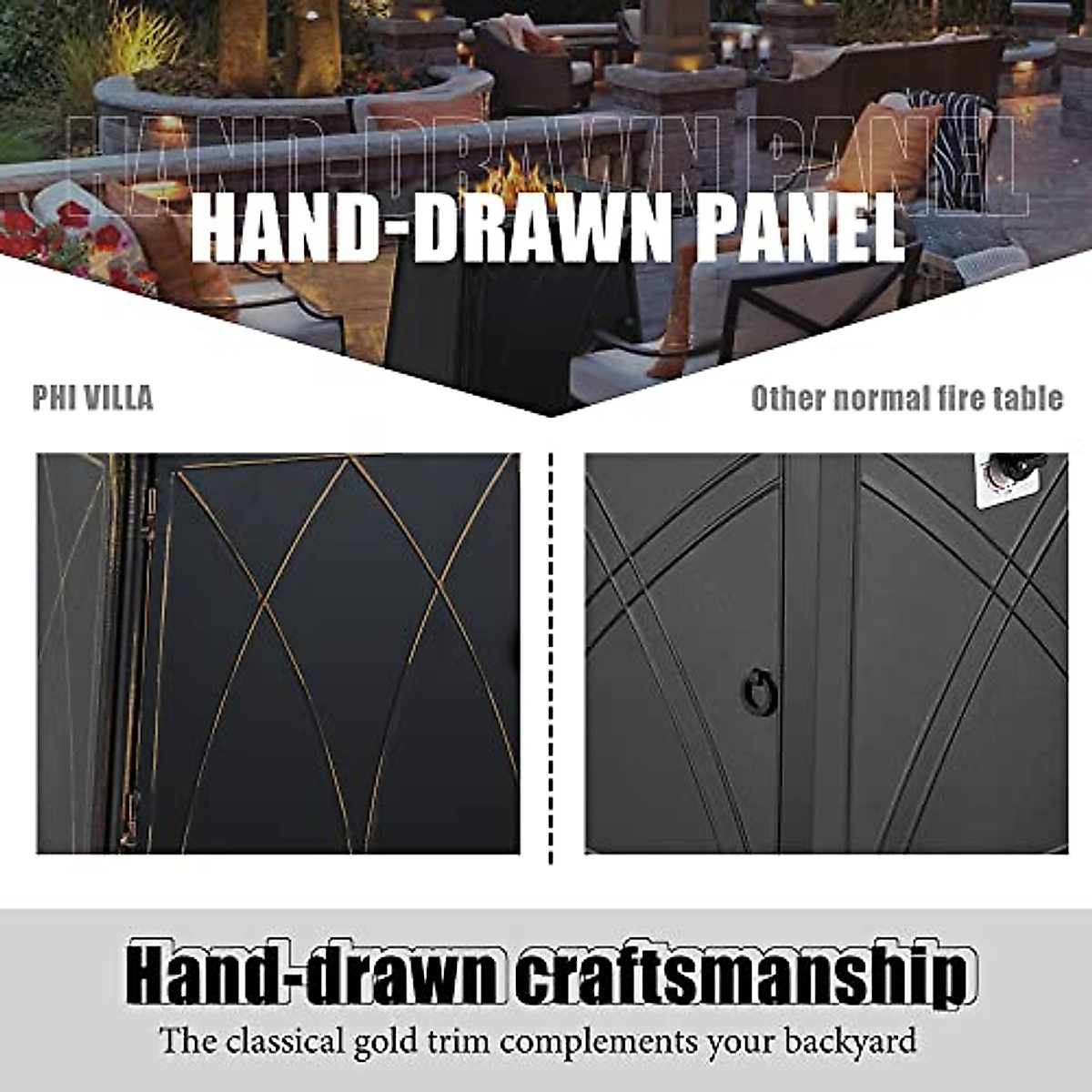 PHI VILLA 28 Inch Gas Fire Pit Table, 50000 BTU Square Outdoor Propane Fire Pit Table with Lid and Blue Fire Glass for Patio, Backyard and Garden, Black