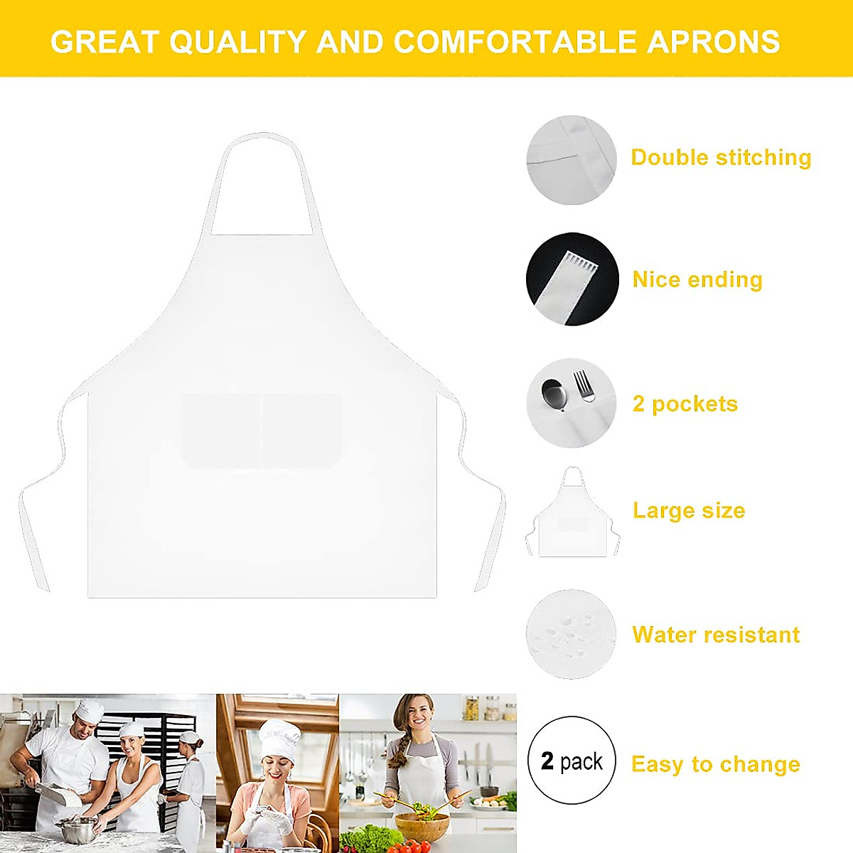 Hi loyaya 2 Pack White Apron and Chef hat, Cooking Kitchen Bib Aprons for Women Men Chef with Pockets for BBQ Grilling Baking (2, White)