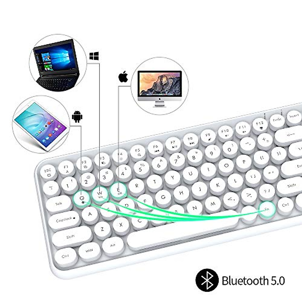 NACODEX 308I Wireless Bluetooth Keyboard, Compact 84 Keys Retro Round Keycaps Mini Keyboard, Portable Computer Keyboard with Quiet Chocolate Keys for Windows/iOS/Android (White)