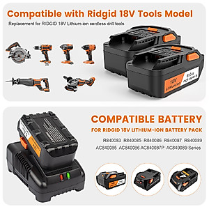 TREE.NB 2 Pack 6.0Ah 18V Battery Replacement for Ridgid Power Tool Battery with 18V Fast Charger Compatible R840087, R840083, R840085, R840086, AC840089, AC840085, AC840086, AC840087P