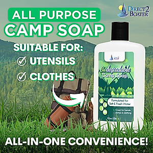 Biodegradable Camping Soap - 8 Ounce Unscented All Purpose Camping Soap Containing No Dyes or Fragrances - Formulated Camping Hand Soap and Backpack Soap - Camp Wash and Outdoor Soap for RVs and Camps
