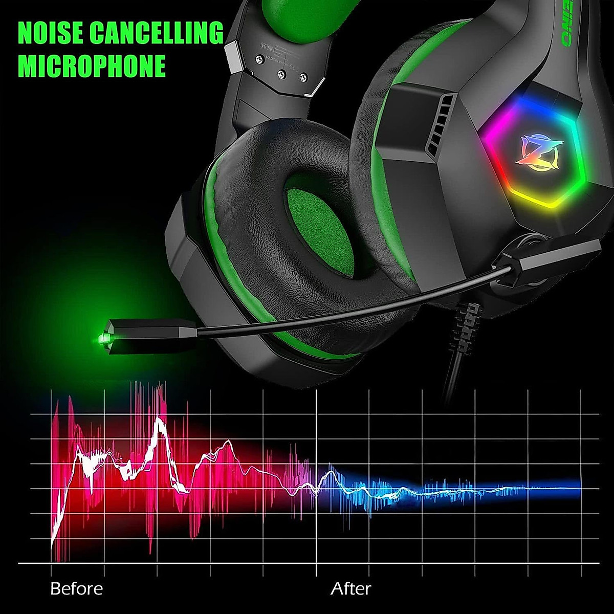 Ozeino Gaming Headset for PC, Ps4, Ps5, Xbox Headset with 7.1 Surround Sound, Gaming Headphones with Noise Cancelling Mic RGB Light Over Ear Headphones for Xbox Series X/S, Switch-Green