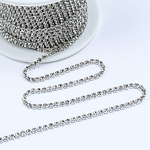Dowarm 10 Yards 2MM Crystal Rhinestone Close Chain Trim for Sewing Crocs Shoes Clothes Cups, SS6 Claw Rhinestone Chain for Craft Jewelry Wedding Bouquet DIY Decoration, Silver