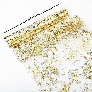 WELTRXE Gold Table Runner, Glitter Metallic Gold Thin Mesh Table Runner Roll 11 Inch x 16 Feet, Event Party Supplies Fabric Table Decorations for Wedding, Bridal Shower, Baby Shower, Birthday Party