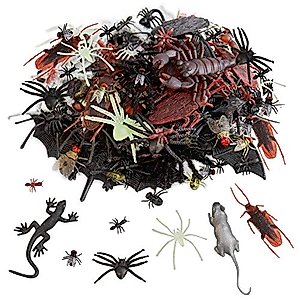 Kalolary 150 Pieces Black Plastic Spiders Bugs Halloween Prank Toys, Realistic Fake Insect Rats Bats Roaches Geckoes Centipedes Flies, for Kids Halloween Party Decorations Favors