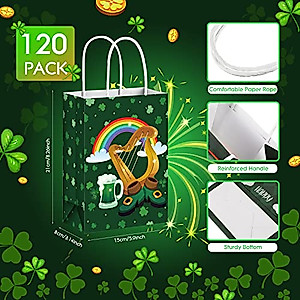 Yexiya 120 Pieces St. Patrick's Day Paper Gift Bags with Handles Lucky Shamrock Treat Bags Bulk 8.7 x 6.3 x 3.15 Inches Goodie Bags for Kids Classroom Party Favors Supplies (Shamrock)