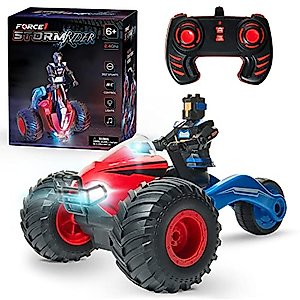 Force1 Storm Rider Remote Control Car for Kids - Rechargeable Fast Off Road RC Car, LED Stunt Toy Car with 360 Spins, Sit Stand Action Figure, Rubber Tires, 2.4 GHz Easy Remote Indoor Outdoor Kid Car