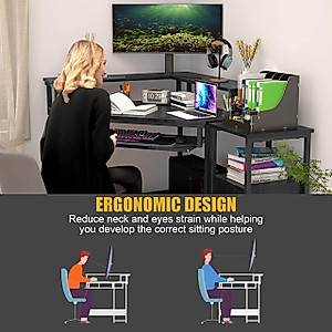 Black Corner Desk with Side Table and Drawer, Gaming Desk with Power Outlet, Computer Desk with Keyboard Tray and Monitor Shelf, Home Office Desk with Storage Shelves