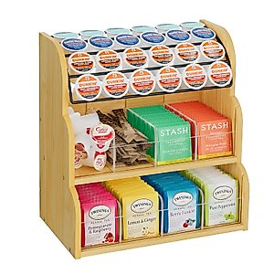 LASZOLA Bamboo Tea Bag and Coffee Holder Organizer for Cabinet Counter Office, 3 Tier Large Capacity Vertical K Cup and Tea Packet Storage Rack, Sturdy Display Stand, Easy Assemble