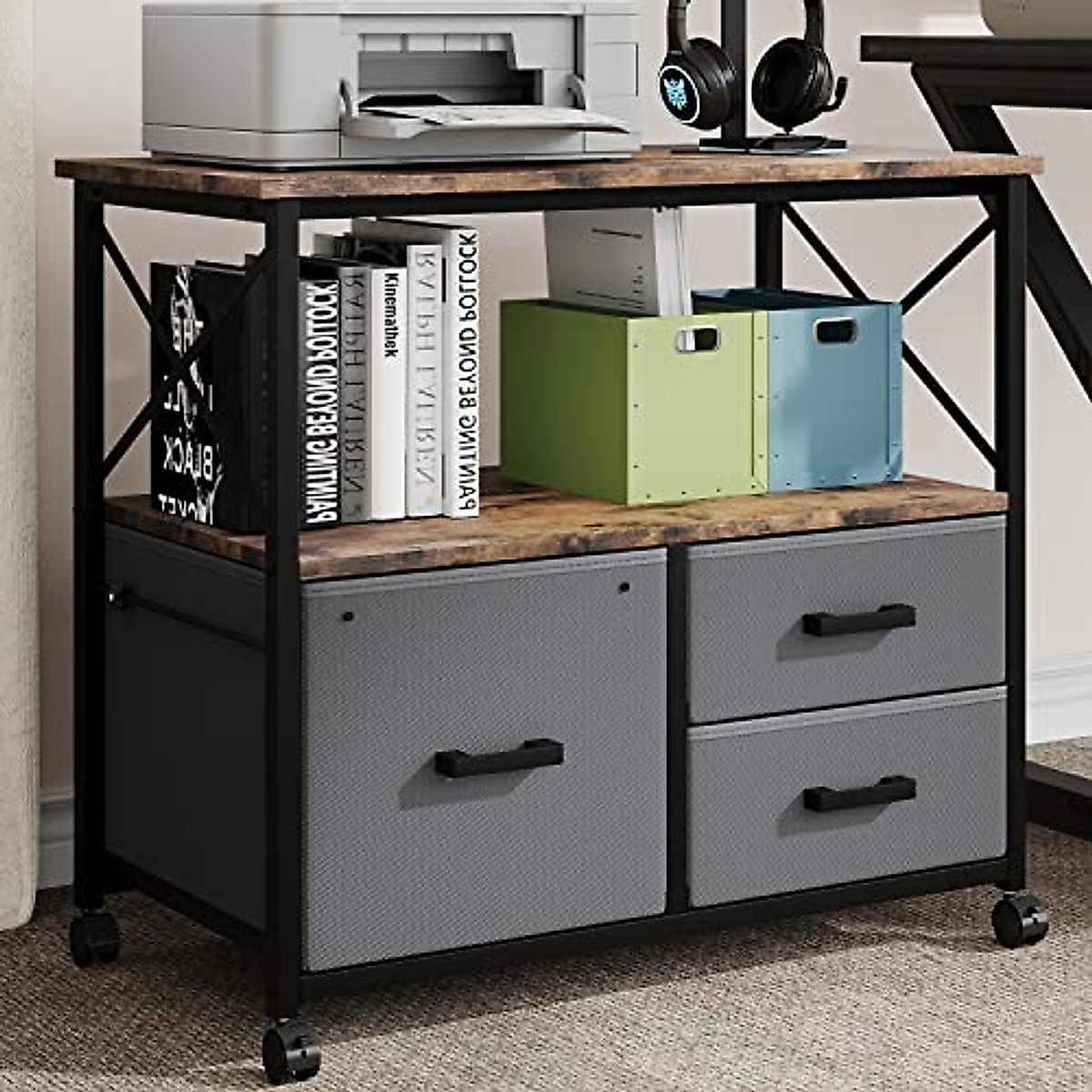 Alkmaar Lateral Rolling Filing Cabinet with 3 Drawer, Rustic Grey