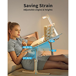 Laptop Bed Tray Desk with LED Desk Light, SAIJI Adjustable Laptop Stand for Bed, XX-Large PVC Leather Foldable Laptop Table with Book Stand, Wrist Rest, Extra Leg Room for Sofa Couch Floor (Gray)