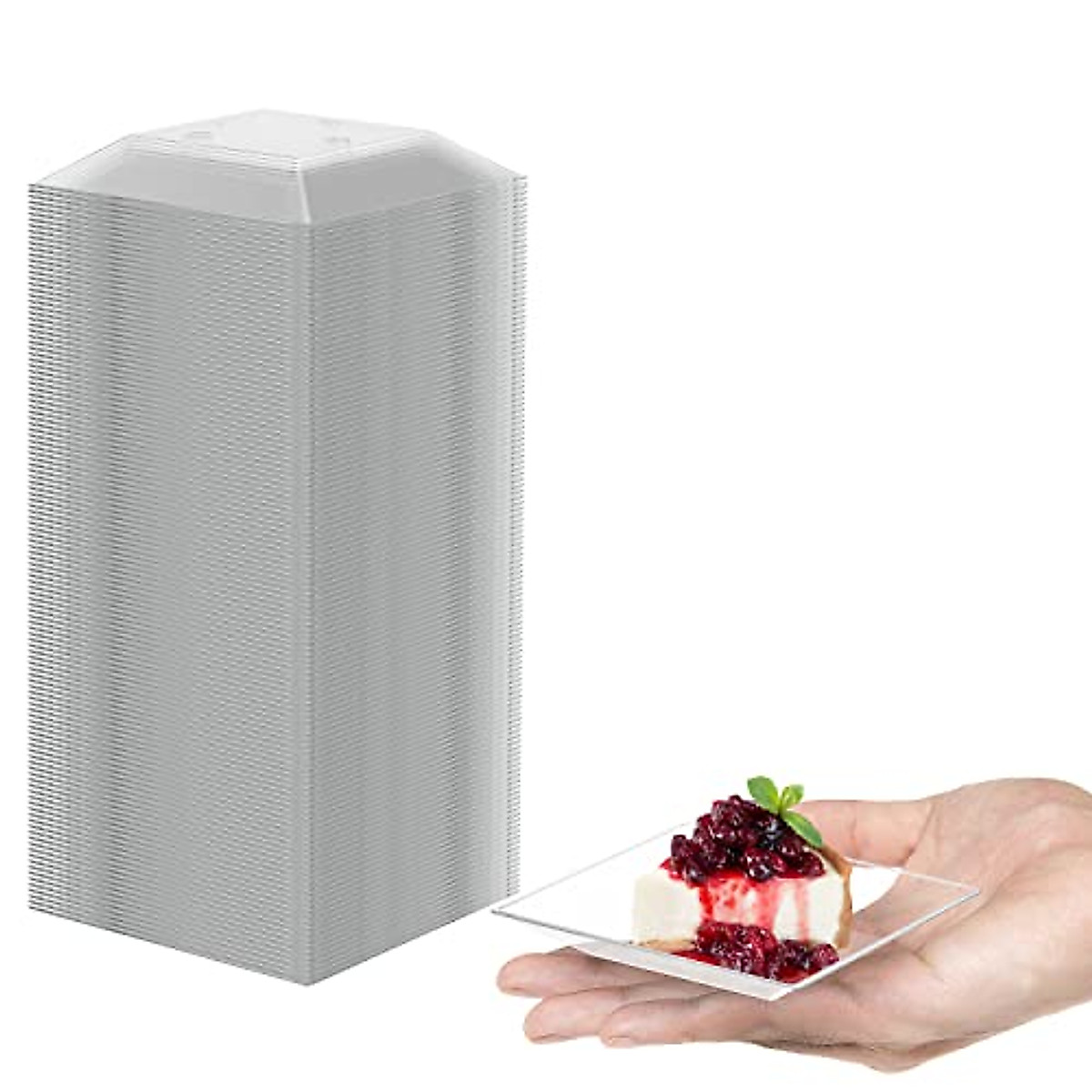 Mini Disposable Appetizer Plates - 100 Pack 2.95 In. x 2.95 in. Crystal Clear Plastic Dessert Plates - Elegant Design for Weddings, Birthdays, and Formal Parties - Stackable and Convenient - BPA Free