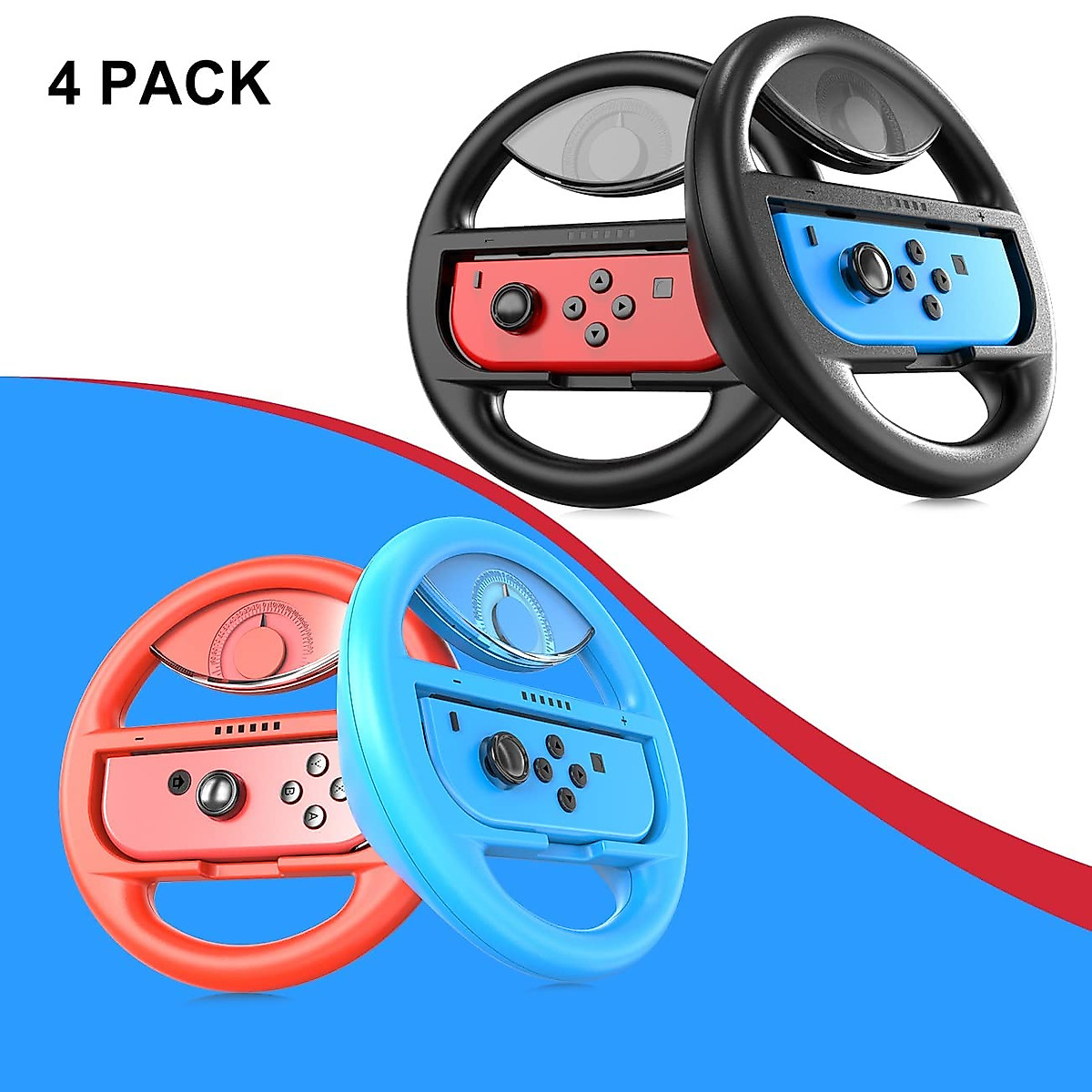 momen Switch Steering Wheel for Switch Controllers, Switch Racing Wheel Handle Kit for Joy-Con Controllers 4 Pack Perfect for Switch Rracing Game (Black, Blue, Red)