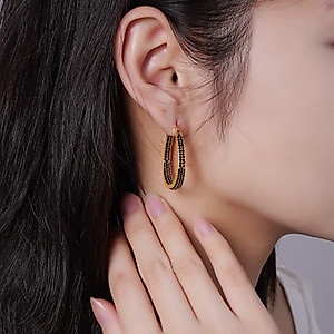 925 Sterling Silver Post Hoop Earrings for Women Gilrs Black Cubic Zirconia 14K Gold Plated Oval Chunky Gold Hoop Earrings weinuo Jewelry