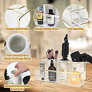 J JACKCUBE DESIGN Hair Dryer Holder Organizer Hair Tool Styling Storage Countertop Gold Clear Acrylic Bath Supplies Blow Dryer Flat Iron Tray Stand, Bathroom Vanity Caddy with 3 Cups- MK1026A
