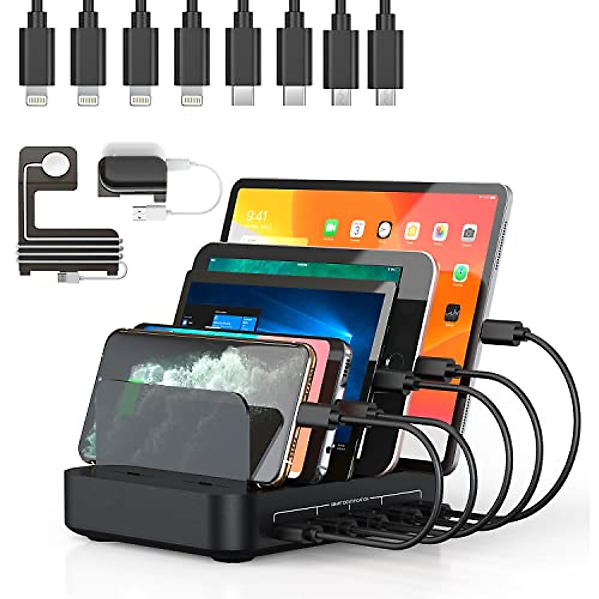 Charging Station for Multiple Devices, 5 in 1 Multi USB Charger Station with iWatch & Airpod Stand and 8 Mixed Short Cables, 50W Charging Dock Compatible with iPhone, iPad, Cell Phone, Tablets