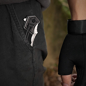 GVDV Damascus Steel Pocket Knife with G10 Handle, Handmade Folding Knife with Leather Sheath for Camping Survival, Knives for Men Dad Husband (Black)