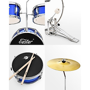 Drum Set Eastar 14 '' Drum Kit for Kids Beginners, 3-Piece with Adjustable Throne, Cymbal, Pedal & 2 Pairs of Drumsticks, Junior Drum Set with Bass Tom Snare Drum, Mirror Blue