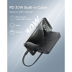 Baseus Magnetic Power Bank, 30W PD Fast Charging 10000mAh for Magsafe Battery Pack Built-in USB-C Cable (in&Out), Power Bank for iPhone 15 Pro Max, iPhone 15/15 Plus/15 Pro, Galaxy, iPad, Pixel, etc.